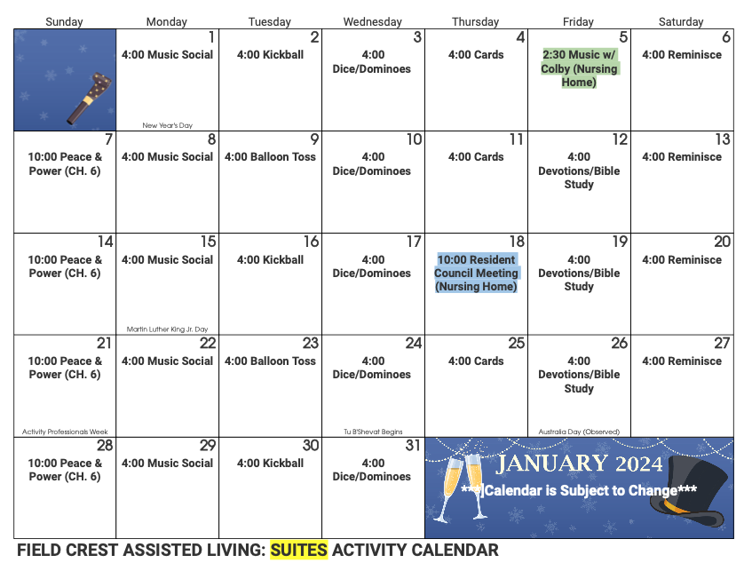 Nursing Home Activities Calendar