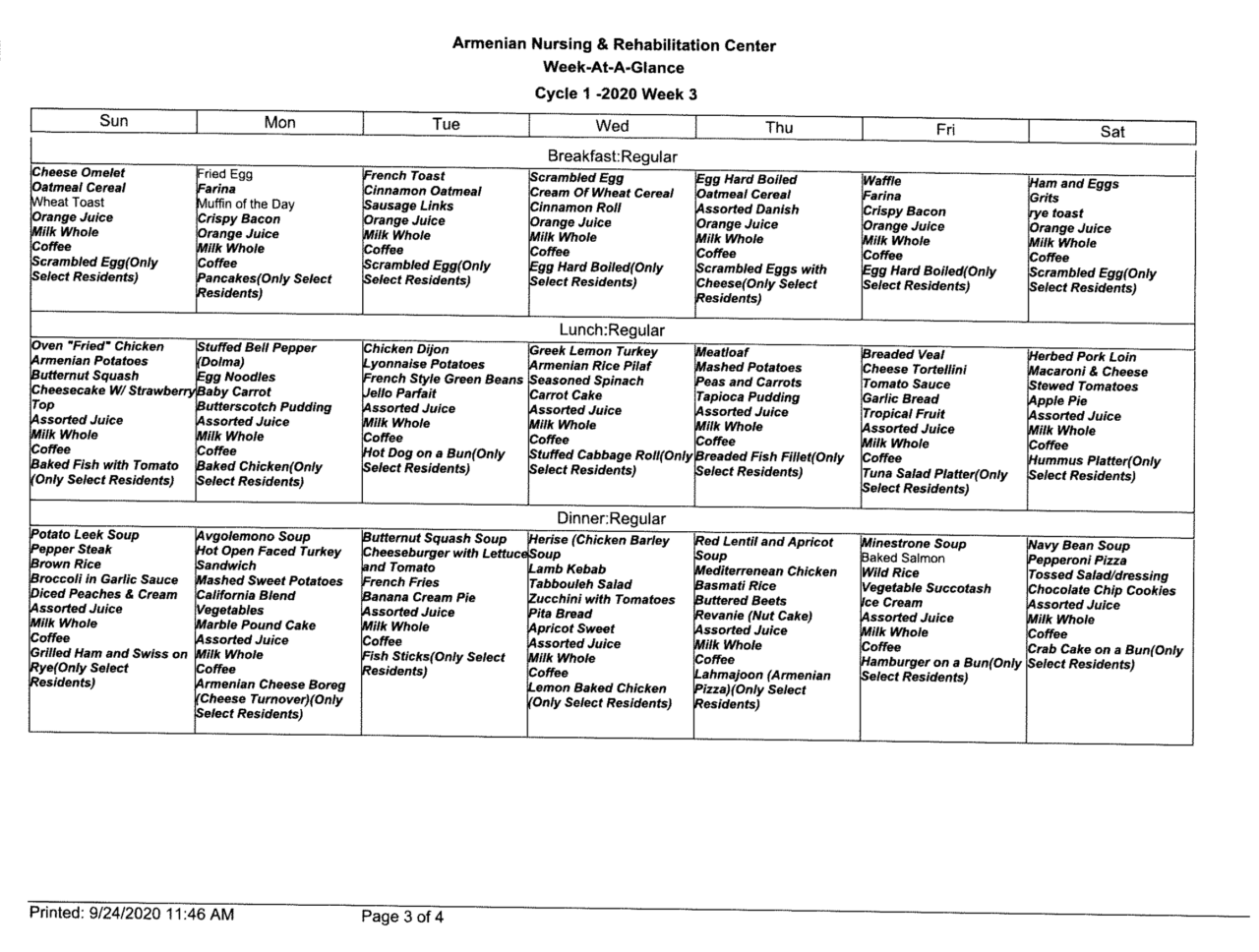 Dietary Menu | The Armenian Nursing and Rehabilitation Center